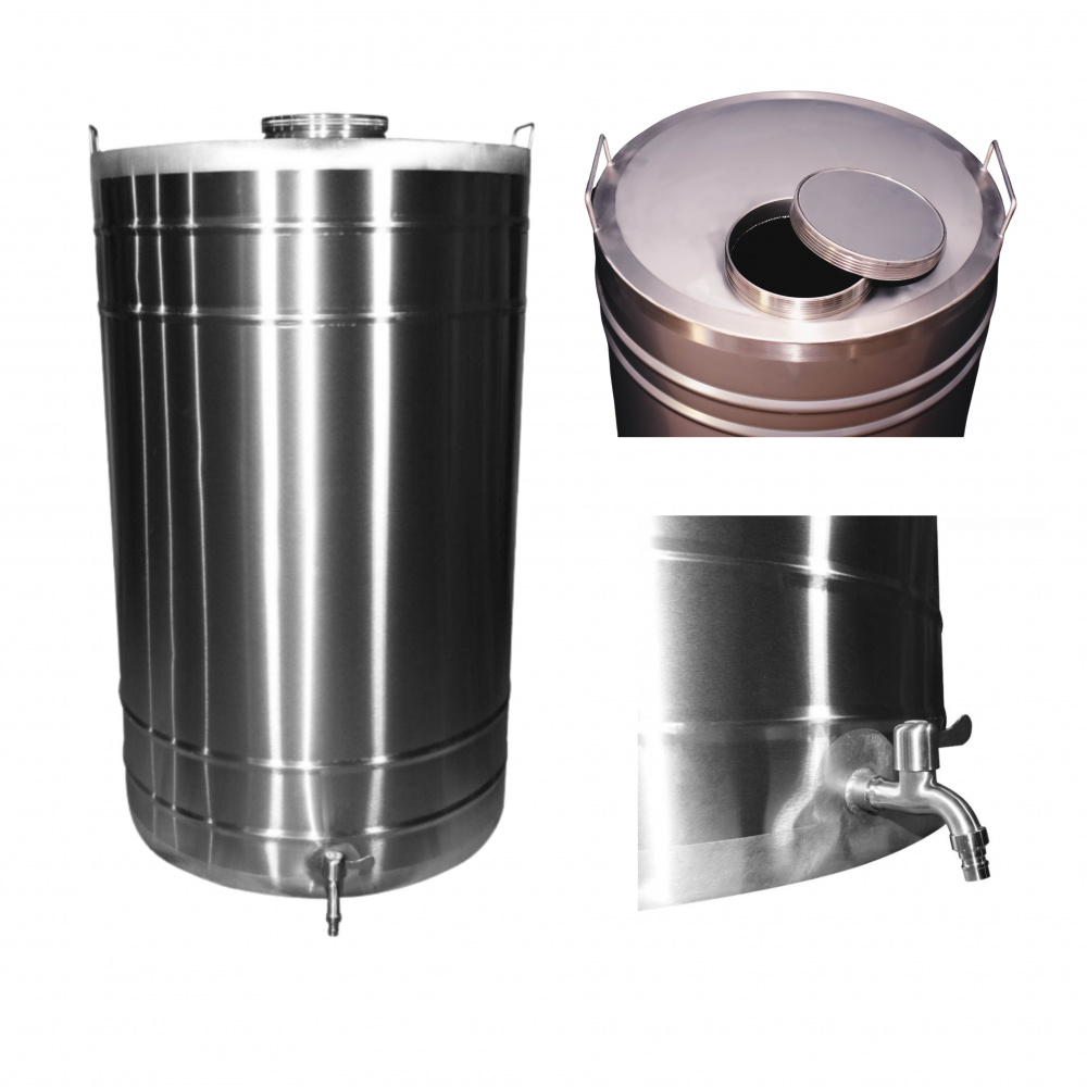 Butoi din inox cu capac filet si robinet, 200 litri